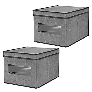 mDesign Large Fabric Stackable Closet Organizer Box with Clear Window/Lid for Bedroom, Office, Bathroom, Mudroom Organization - Shoe, Sweater, Clothes Storage, Lido Collection, 2 Pack, Dark Gray/Black