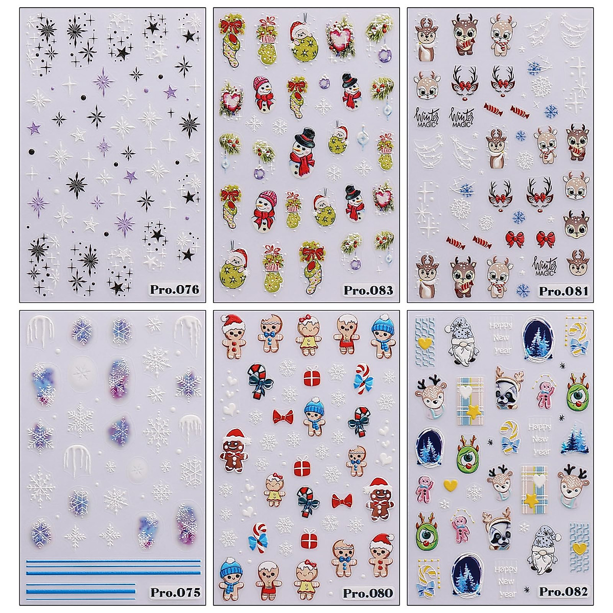 JMEOWIO 6 Sheets Christmas Nail Art Stickers Decals Self-Adhesive Pegatinas Uñas Snowflake Santa Snowman Xmas Winter Holiday Nail Supplies Nail Art Design Decoration Accessories