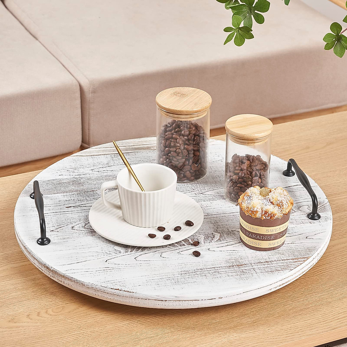 Wooden Lazy Susan for Table Turntable Organizer 18 Inch Large Lazy Susan Whitewashed Wood Serving Tray for Pantry Cabinet Countertop Round Spins Balanced Pine Spice Rack for Kitchen Essentials Storage