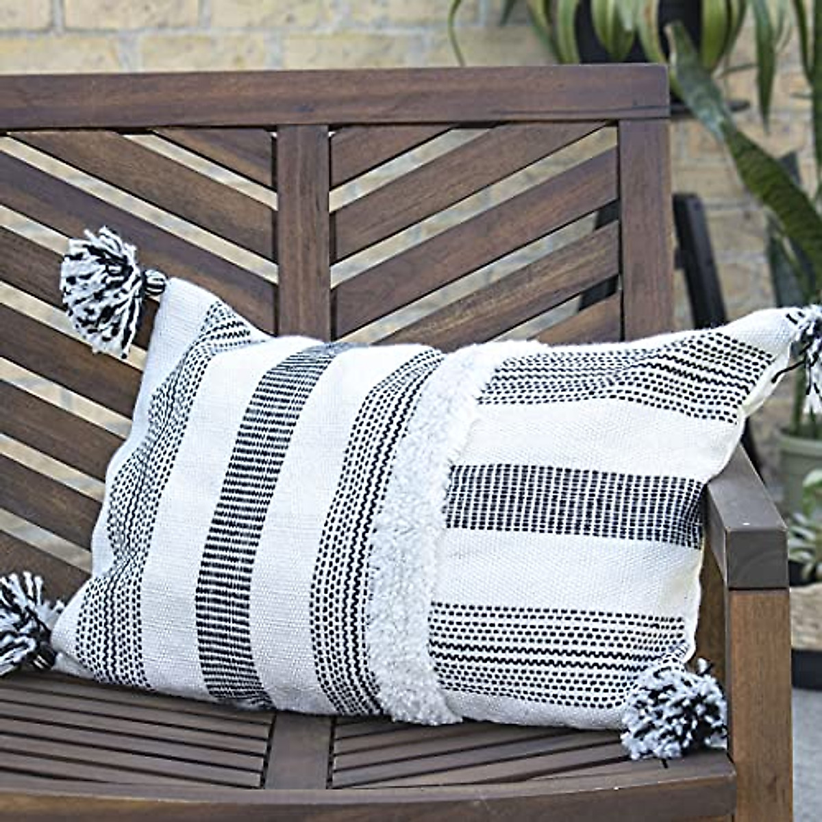 Foreside Home & Garden Black Striped Woven 14x22 Outdoor Decorative Throw Pillow with Hand Tied Tassels, 22 x 14 x 5