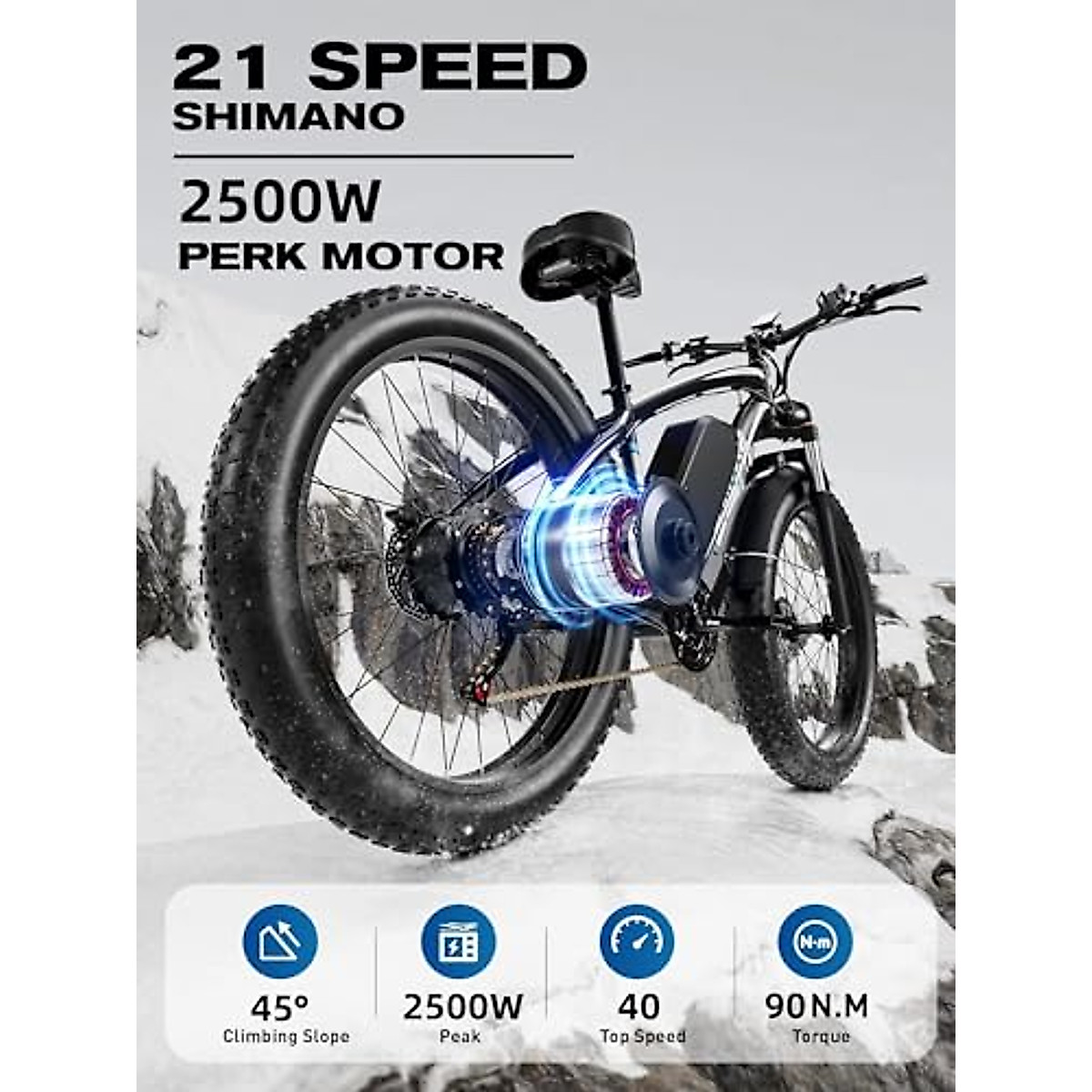 ECOCOGY Electric Bike for Adults 2000W Peak 2500W Motor Ebike with 19.2AH Battery E Bike Up to 40MPH 21 Speed Electric Bicycle, 26" All Terrain Electric Bike Fat Tire with Front Fork Suspension(White)
