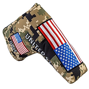 GOOACTION Camo Golf Club Blade Putter Cover Magnetic Closure Design Camouflage Green with Stars and Stripes Flag Pattern Synthetic Leather Waterproof Putters Headcover