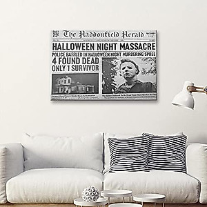 NSQQBQQ 1978 Halloween Haddonfield Herald Halloween Night Massacre，Michael Myers Halloween Decorations Poster，Canvas Print Wall Art Living Room Bedroom Room Decor Halloween Gifts 12X18inch Unframed