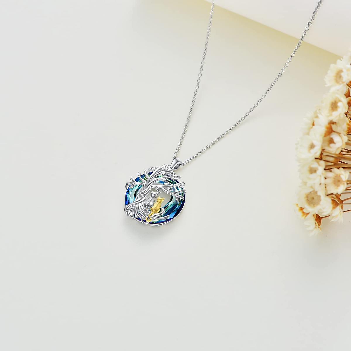 TOUPOP Two Cats Necklace 925 Sterling Silver Tree of Life Necklace with Blue Circle Crystal Cat Lovers Jewelry Gifts for Women Mom Daughter Birthday Christmas