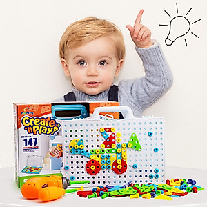 Haifeng 147 Pieces Creative nPlay Drill and Screwdriver Toy Set, DIY Mosaic Design Art Kit, STEM Education Learning Toy for Kids Aged 3-8 Years Old