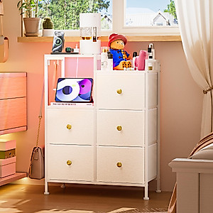 YILQQPER Dresser for Bedroom, Dresser with Led Light and Charging Station, Fabric Dressers&Chests of Drawers with 5 Drawers and Shelf, Storage Unit Organizer Tower, White