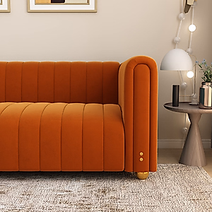 Velvet Couch Sofa Loveseat, 81.3 Wide Mid Century Modern Couch Small Spaces Love Seat Tufted Chesterfield Velvet Sofa Futon with Gold Leg, Comfy 3 Seat Deep Sofas Couches for Living Room (Orange)