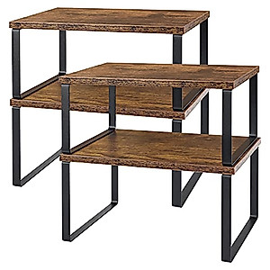 CADUKE Set of 4 Counter Shelves Kitchen Stackable Cabinet Shelf Wood Organizer Expandable Counter Top Racks Brown Bathroom Counter Organizer