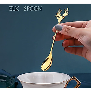 10 Pieces Gold Plated Stainless Steel Mini Coffee Espresso Spoon, Elk shaped spoon Dessert Teaspoons Small Soup Spoons 5.5 inch Specialty Demitasse Stirring Spoons