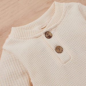Thorn Tree Newborn Baby Boy Girl Long Sleeve Clothes Set Unisex Baby Knitted Outfits Infant Solid Snap Bodysuit Ribbed Pants (Beige,0-3 Months)