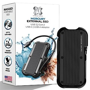 Titanium Micro External SSD 4TB - Mercury Portable SSD, Up to 1000MB/s, USB 3.2 Gen 2 USB-C USBA, Rugged IP66 Water Resistance, Drop Proof, External Solid State Drive Slim and Lightweight Storage