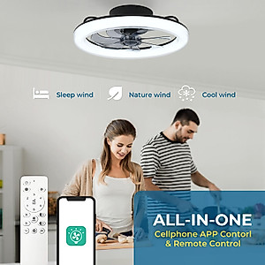 Orison 20'' Ceiling Fans with Lights, Low Profile Ceiling Fan with Light and Remote, Flush Mount Ceiling Fan with 6-Speed Reversible Blades and App Controlled, for Bedroom Living Room Kitchen (Black)