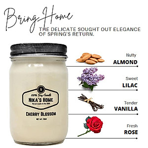 Nika's Home Cherry Blossom Soy Candle 12oz Mason Jar Non-Toxic White Soy Handmade, Long Burning 50-60 Hours Highly Scented All Natural, Clean Burning Large Candle Gift Décor