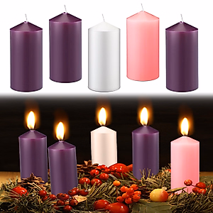 MTLEE 5 Pcs Christmas Advent Pillar Candle 3x6 Inch Candle Unscented Solid Color Candles White Pink Purple Church Candles Lasting Burning Hand Poured for Holiday Gifts Home Decor (Pillar)