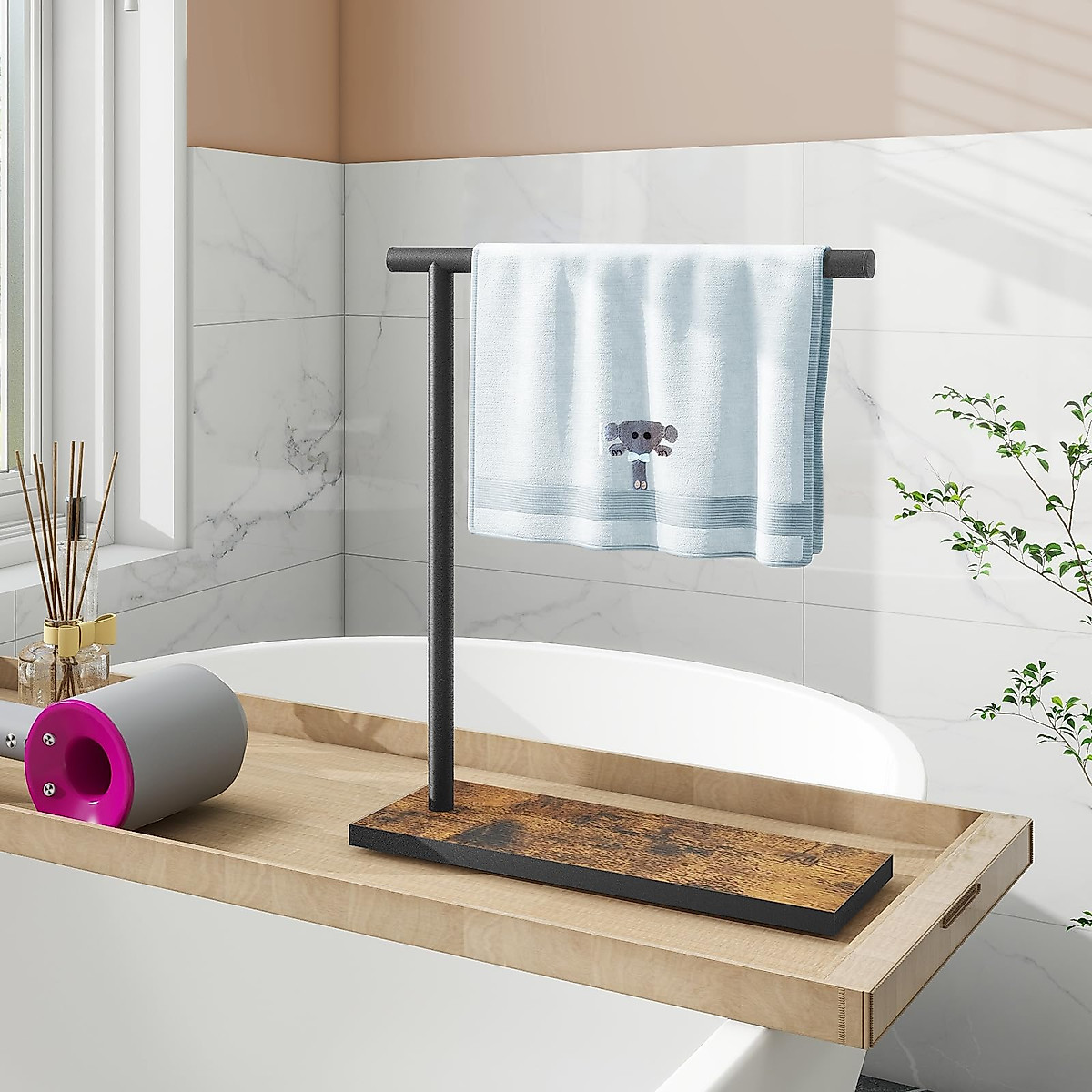 BCOZLUX Hand Towel Holder, Countertop Hand Towel Stand for Bathroom and Kitchen, Counter Towel Racks (Rustic Brown-Square Base-L Shape-Long)