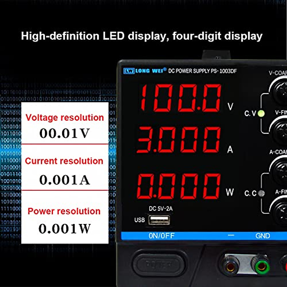 Lwlongwei Lab DC Power Supply Variable, 100V 3A Adjustable Switching Regulated DC Bench Linear Power Supply with 4-Digits LED Power Display, Coarse and Fine Adjustments with Alligator Leads Black