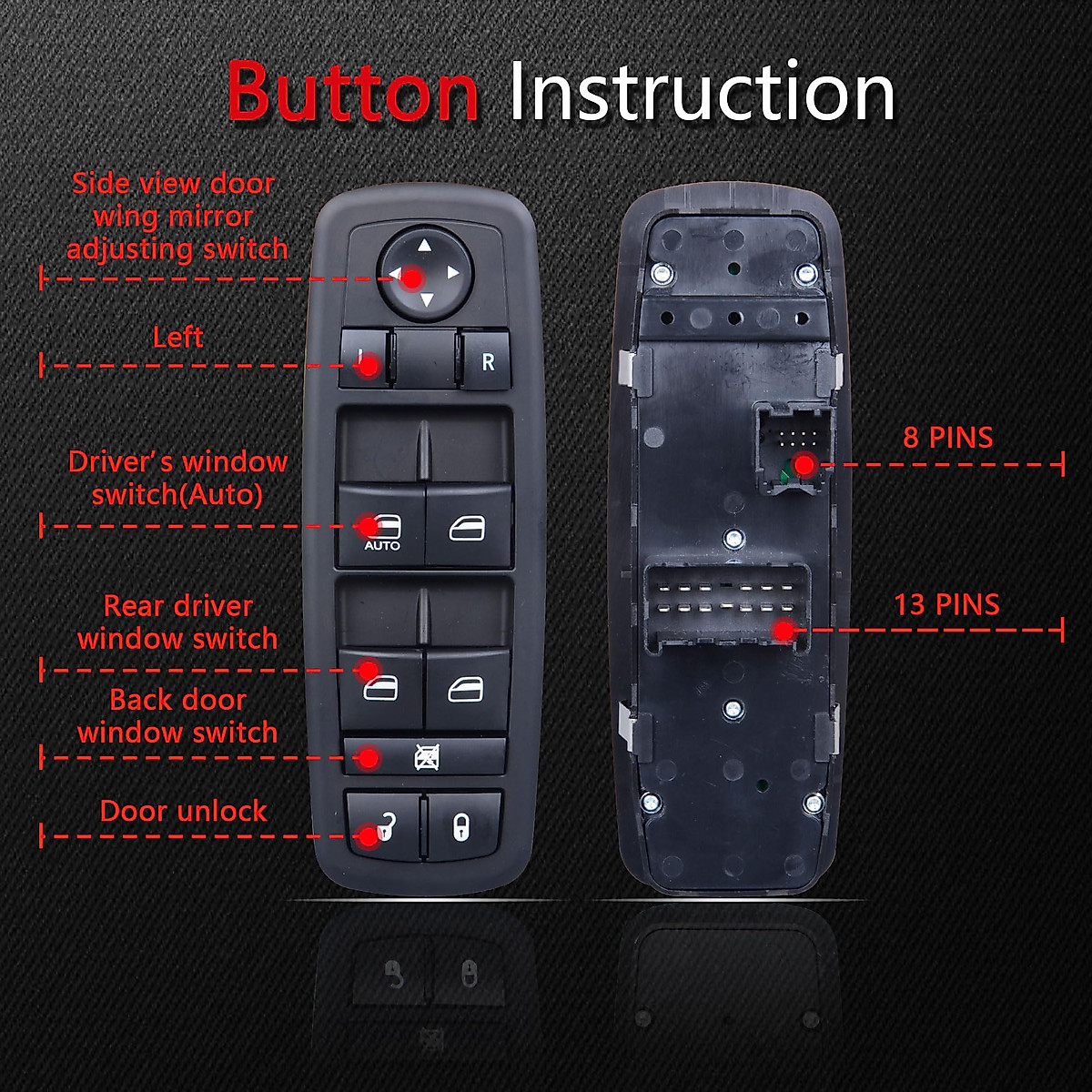 AdvanEX Master Power Window Control Switch Compatible with Dodge Journey 2011-2016 Replace OE 901-486 68084001AB 68084001AC 68084001AD & 8+13 PINS