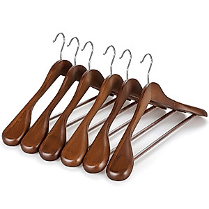 TOPIA HANGER Wide Shoulder Wooden Hangers, Suit Hangers with Non Slip Pants Bar & 360° Swivel Hook, Solid Wood Heavy Duty Coat Hanger, 6 Pack (Walnut)-CT02WA