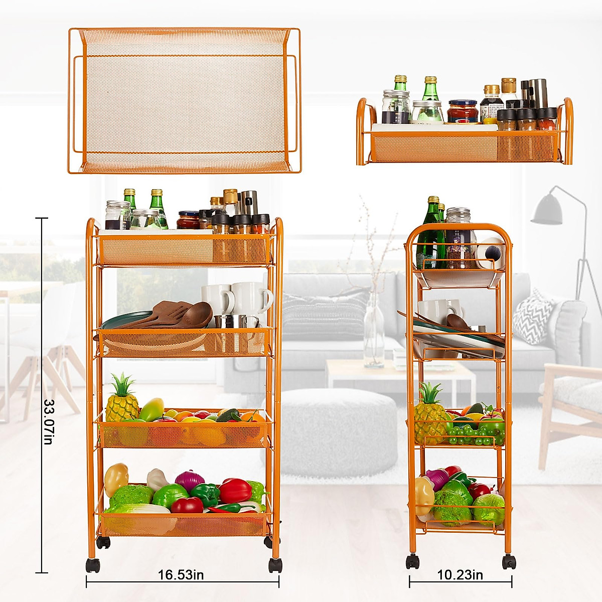 4-Tier Metal Rolling Utility Cart, Mobile Utility Cart with Lockable Caster Wheels, Multi-Functional Storage Trolley, Easy to Assemble, for Bathroom, Kitchen, Office, Workshop(Yellow)
