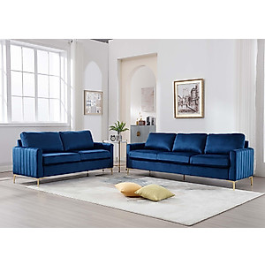 65'' Blue Couch for Small Space, Modern Comfy Upholstered 2-Seater Tufted Velvet Love Seat Sofa Couches for Livingroom Bedroom Apartment Furniture, Soft Foam Pocket Spring Hybrid Cushioned, Gold Leg