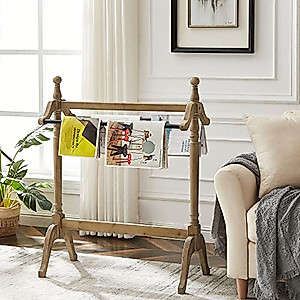 eodme 2 Ties Freestanding Towel Rack, Farmhouse Wood Blanket Rack Stand, Rustic Drying and Display Rack for Bathroom, Living Room