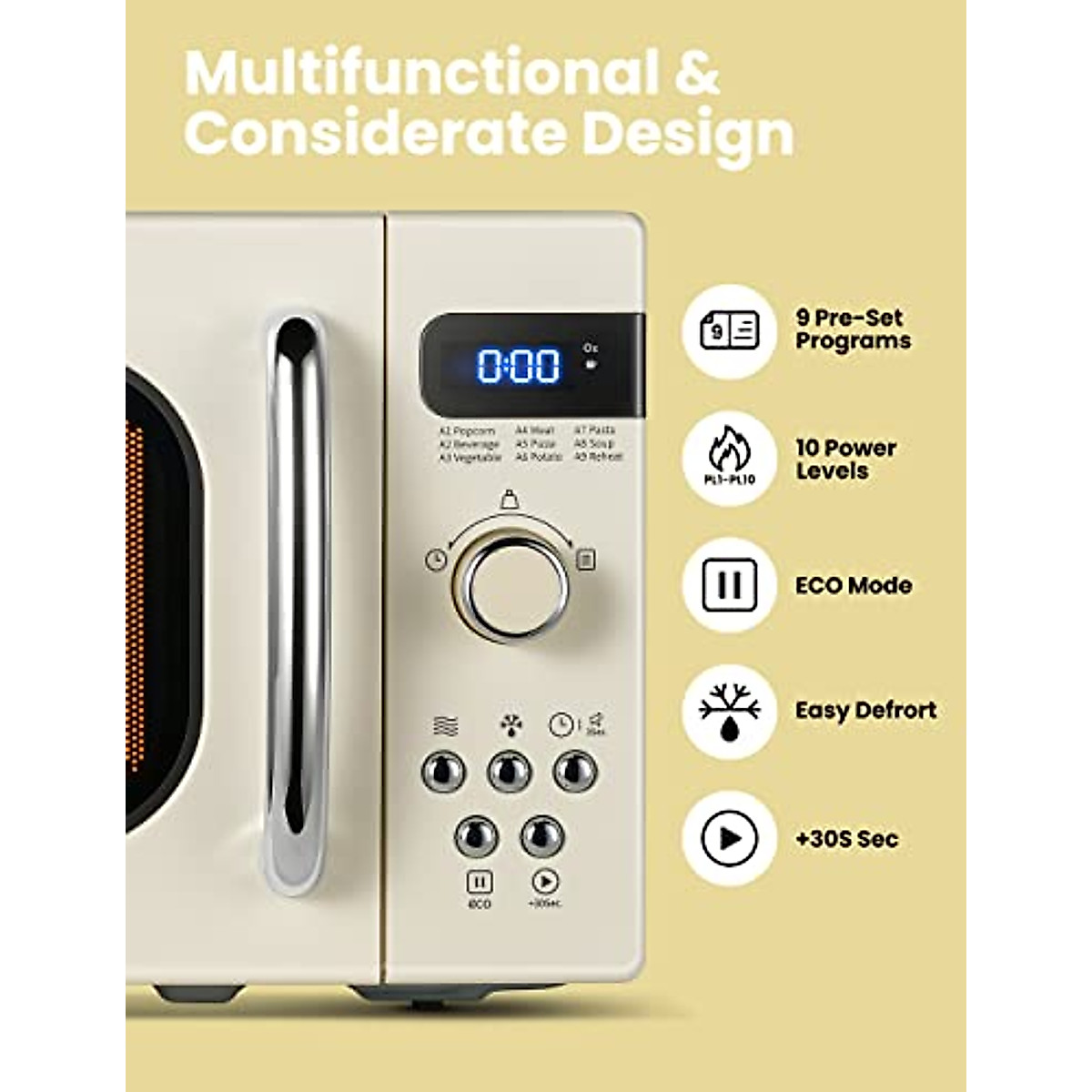 COMFEE' Retro Small Microwave Oven With Compact Size, 9 Preset Menus, Position-Memory Turntable, Mute Function, Countertop Microwave Perfect For Small Spaces, 0.7 Cu Ft/700W, Cream, AM720C2RA-A