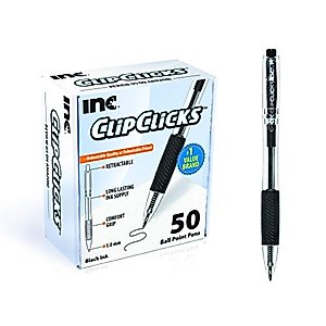 Inc. ClipClicks Retractable Ballpoint Pens - Bulk 1.0-mm Medium-Point Pen Set With Comfort Grip for School, Office, Writing, and Journaling, 50 Count, Black