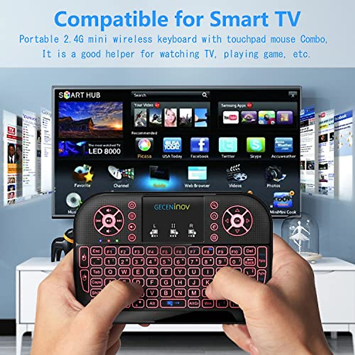 Gecen Mini Wireless Keyboard with RGB Backlit, 2.4GHz Wireless Mini Keyboard Rechargeable Controller with Touchpad Mouse Combo, Compatible with Android TV Box, IPTV, HTPC, Smart TV, PC,etc.