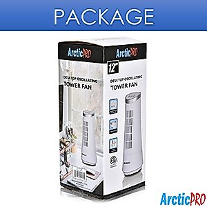 MINI DESK OSCILLATING TOWER FAN By Arctic-Pro – Slim and Compact Size, 2-Speed, Ultra-Quiet Operation, Convenient Carrying Handle, 75 Degrees of Oscillation For Powerful Circulation, 12 Inches, White