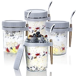 LEFIMOT Overnight Oats Containers with Lids, Spoons, 4 Pack Oats Jars 12 oz Reusable Large Capacity Airtight Oatmeal Container with Measurement Marks for Cereal Yogurt, Milk, Salads, Fruit(Grey)