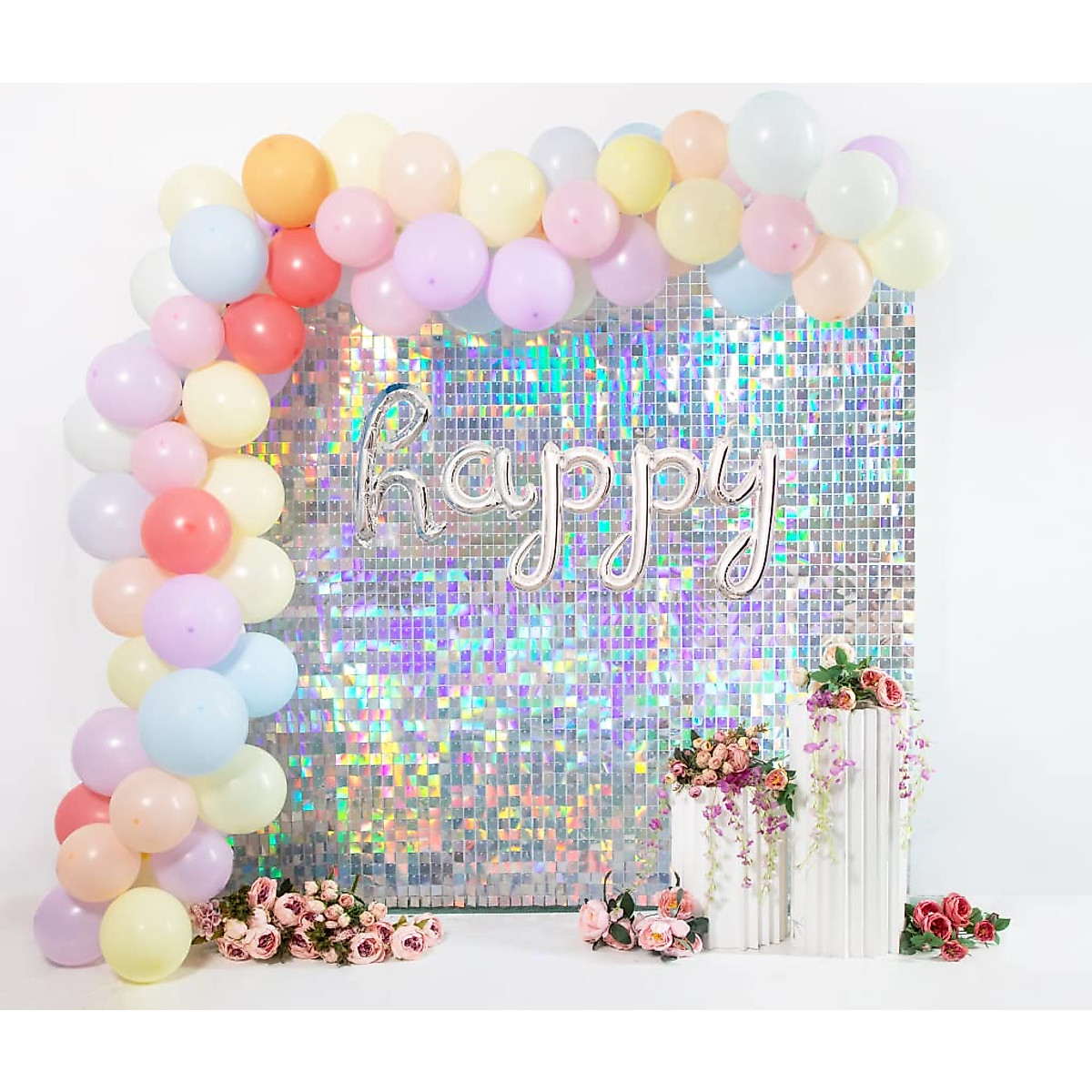 Kate Shimmer Wall Backdrop Iridescent Silver Wall Panels 24Pcs Square Sequin Shimmer Wall Backdrop Decoration for Birthday Party,Wedding, Anniversary