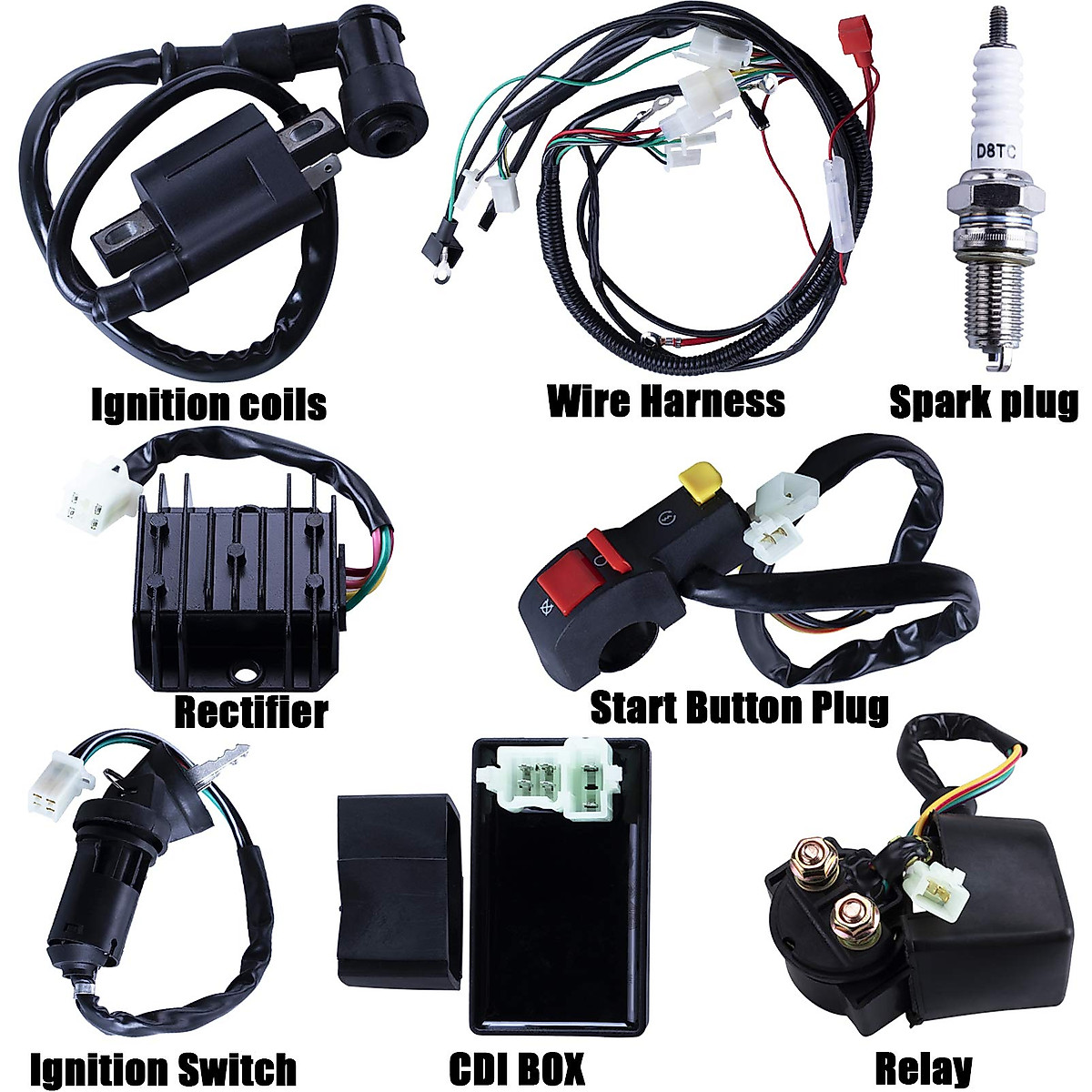 Complete Electrics Wiring Harness CDI Ignition Coil Solenoid Relay Spark Plug Kits for Chinese 4-Stroke ATV Quad Dirt Bike 150cc 200cc 250cc Go Kart by OTOHANS AUTOMOTIVE