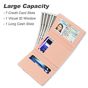 Nipichsha Womens Wallet, Small Credit Card Wallet for Women, Slim RFID Card Holder Wallet with 7 Card Slots & ID Window (Pink Gilt)