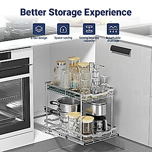 Amazer Pull Out Cabinet Organizer, 2 Tier Pull Out Drawers for Kitchen Cabinets, Slide Out Pantry Shelves 14.2"D×20"W Sturdy Cabinet Organizer Pull Out Drawers, Cabinet Pull Out Shelves Metal-Chrome