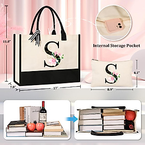 AYGE Personalized Initial Canvas Beach Bag Cosmetic Bags, Monogrammed Gifts for Women, Tote Bag, Makeup Bag, Birthday Gifts for Sister Mom Teacher Bridesmaid (S)