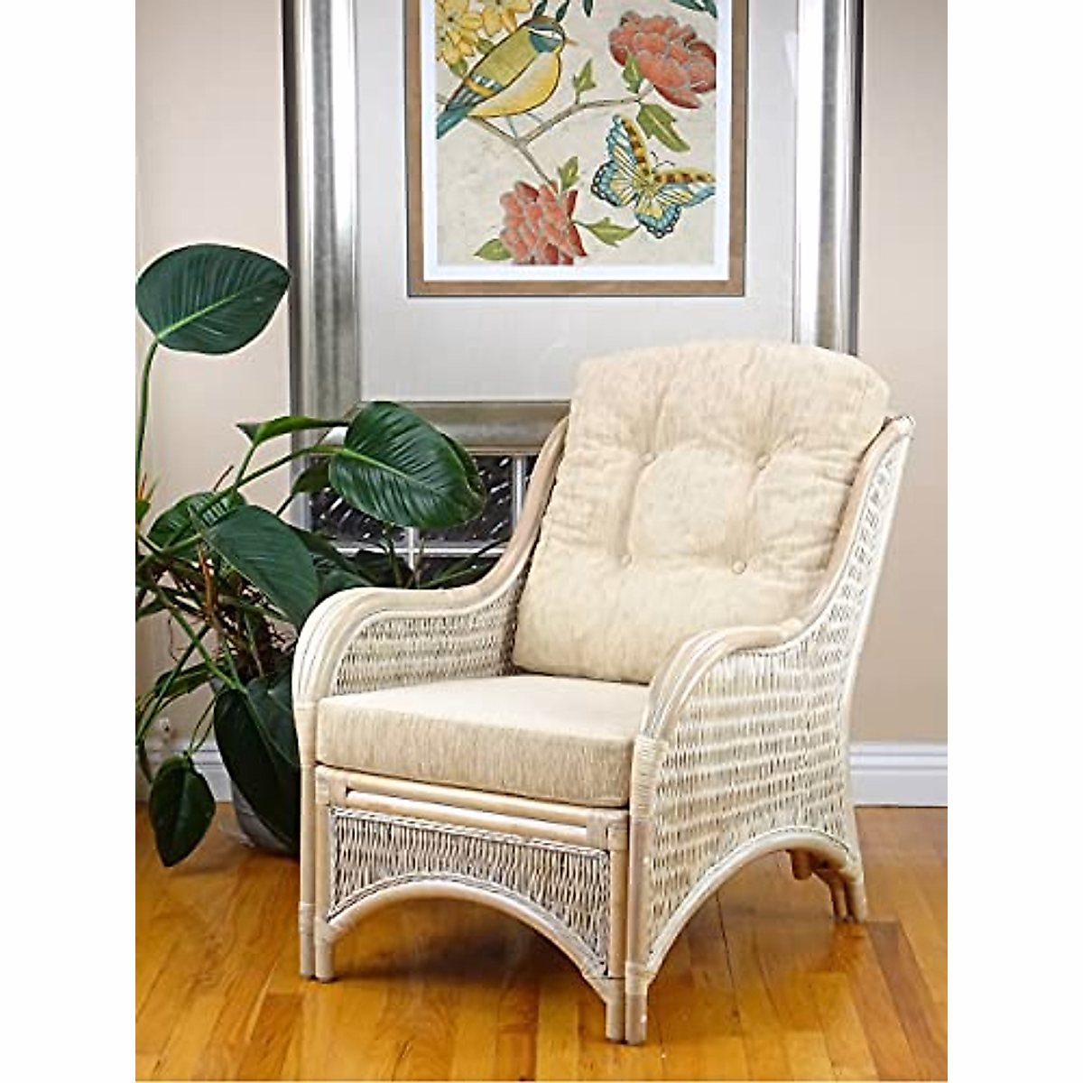 Jam Lounge Living Accent Armchair Natural Rattan Wicker Handmade Design with Cream Cushion, White Wash