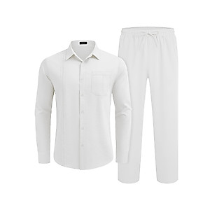 COOFANDY Mens Coordinated Outfit White Linen Pants and Shirt Set Casual Linen Sets 2 Piece Summer Beach Clothes, White, Medium