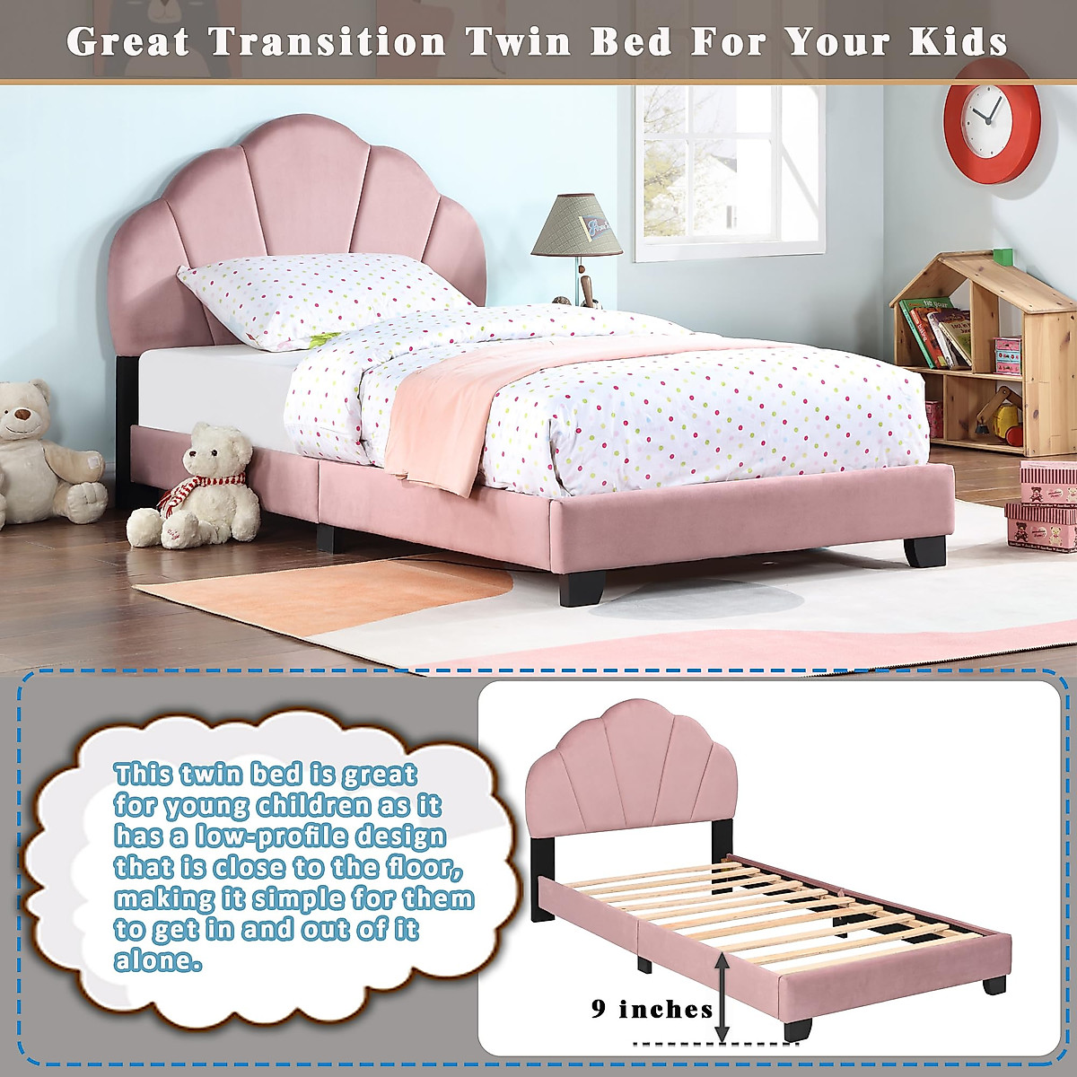Gustonhon Upholstered Twin Size Platform Bed for Kids,Twin Bed Frame with Slatted Bed Base and Playful Headboard for Teens Girls,No Boxing Spring Needed (Pink)