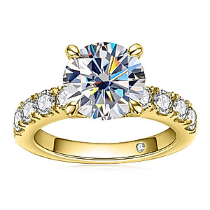AnuClub Moissanite Engagement Ring 4.3cttw D Color Lab Created Diamond Round Cut 14K Yellow Gold Plated Sterling Silver Eternity Wedding Promise Anniversary Band Ring, Christmas Gift for Women 7.0