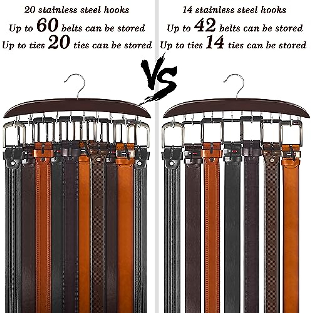 Belt Hanger Organizer, Upgraded Tie and Belt Organizer, 20 Hooks Wooden Belt Rack for Storage, 360°Rotating Space Save Belts Organizer for Tie, Tank Top, Scarf, Stored Up to 60 Belts-Red