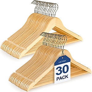 TOPIA HANGER Wooden Hangers 30 Pack, Natural Wood Clothes Hangers, Durable Coat Hanger with 360-Degree Rotatable Hook, Non-Slip Pants Bar and Shoulder Notches for Camisole Tops-CT34N30