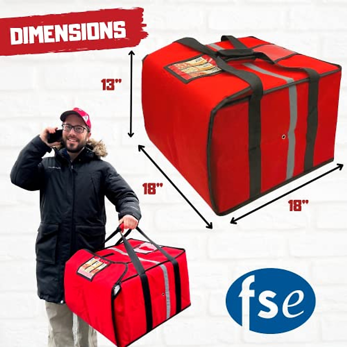 FSE Insulated Pizza Food Delivery Bag Carrier, 18 Inch x 18 Inch x 13 Inch (Touch Velcro Closure)