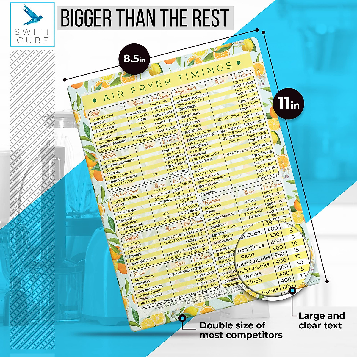 SwiftCube Air Fryer Magnetic Cheat Sheets, Multicooker Cheat Sheet Recipe Magnets, with Cooking Temperature, Time & Size Chart Conversion Measurement, Orange-Lemon Kitchen Decor, 8.5"x11" Citrus Dream