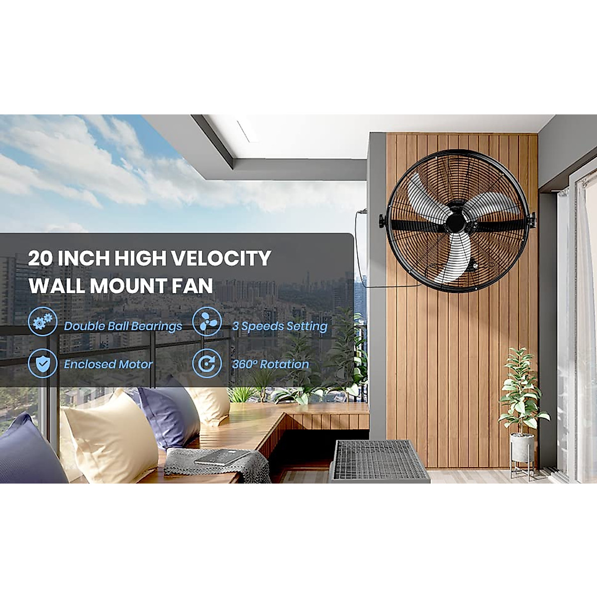 InfiniPower 20 Inch High Velocity Wall Mount Fan with Rack, 3 Speed Industrial/Commercial Metal Ventilation Fan