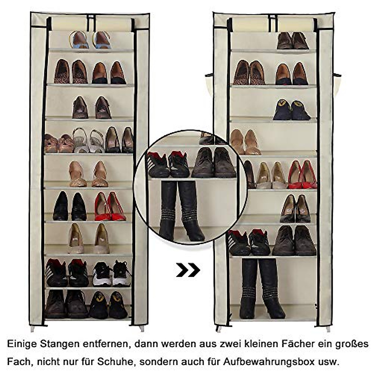 SONGMICS 10-Tier Shoe Tower Rack with Cover 27-Pair Space Saving Shoe Storage Organizer Beige URXJ10M