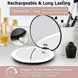 LED Lighted Travel Makeup Mirror, Rechargeable Large 5" 1x/10x Magnifying- Medical Grade LED, 3 Colors Settings & Brightness Adjustable- Portable, Touch Screen Compact Mirror w/Brighter Light (Black)