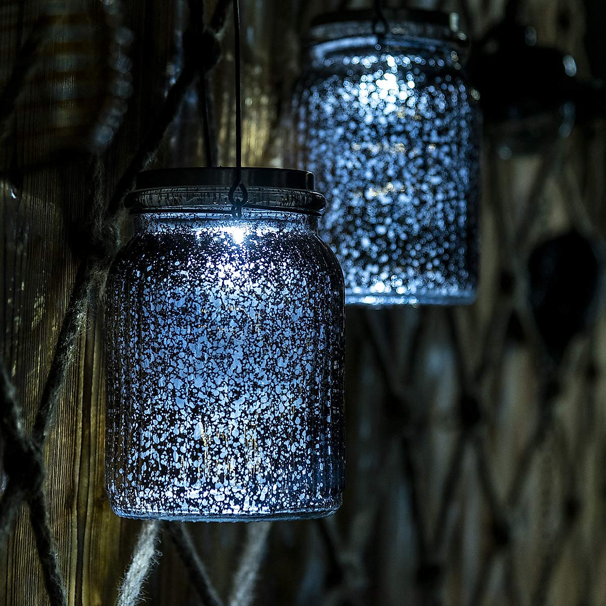 GIGALUMI Solar Powered Mercury Glass Mason Jar Lights, 2 Pack Hanging Solar Laterns Table Lights for Garden, Patio, Backyard.(Ideal Gift)