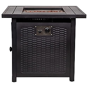 Flash Furniture Olympia 50,000 BTU Outdoor Propane Gas Fire Pit Table - Black Stainless Steel Tabletop and Steel Wicker Detail Base - 28" Square - Included Lava Rocks