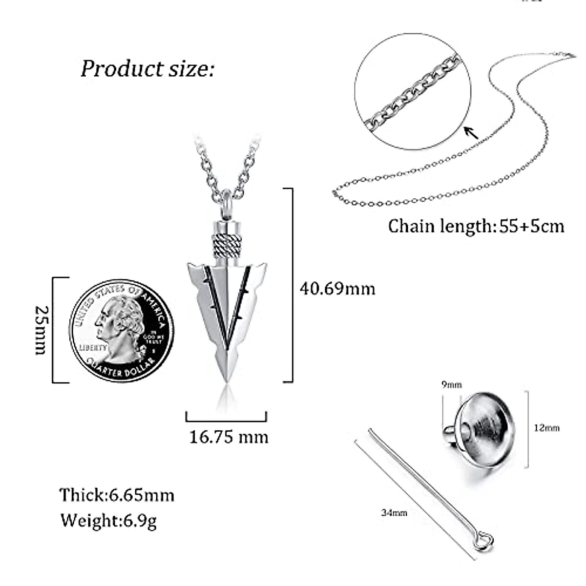 LuxglitterLin Men's Spear Point Arrowhead Cremation Urn Necklace for Ashes Arrow Ashes Holder Memorial Keepsake Pendant Jewelry, (UR-12 Arrowhead)