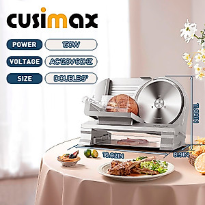 CUSIMAX Meat Slicer for Home with 1-20mm Adjustable Thickness，Electric Deli Slicer for Food Tray,Two 9" Stainless Steel Blades and Removable Food Carriage,Easy for Cut all Foods
